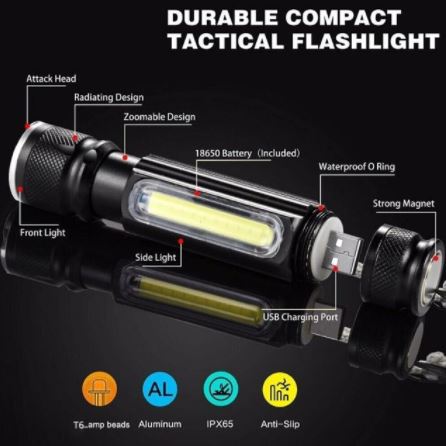 Multifunctional LED Flashlight USB Inside Rechargeable Battery Powerful ...